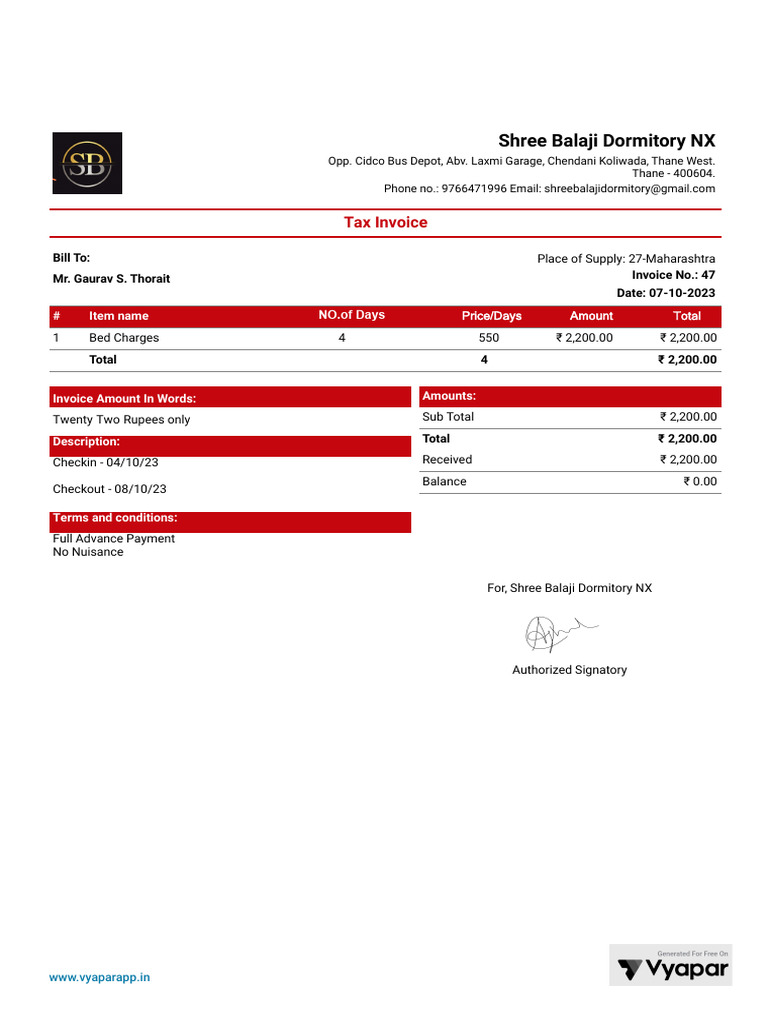 Tax Invoice for Shree Balaji Dormitory | PDF