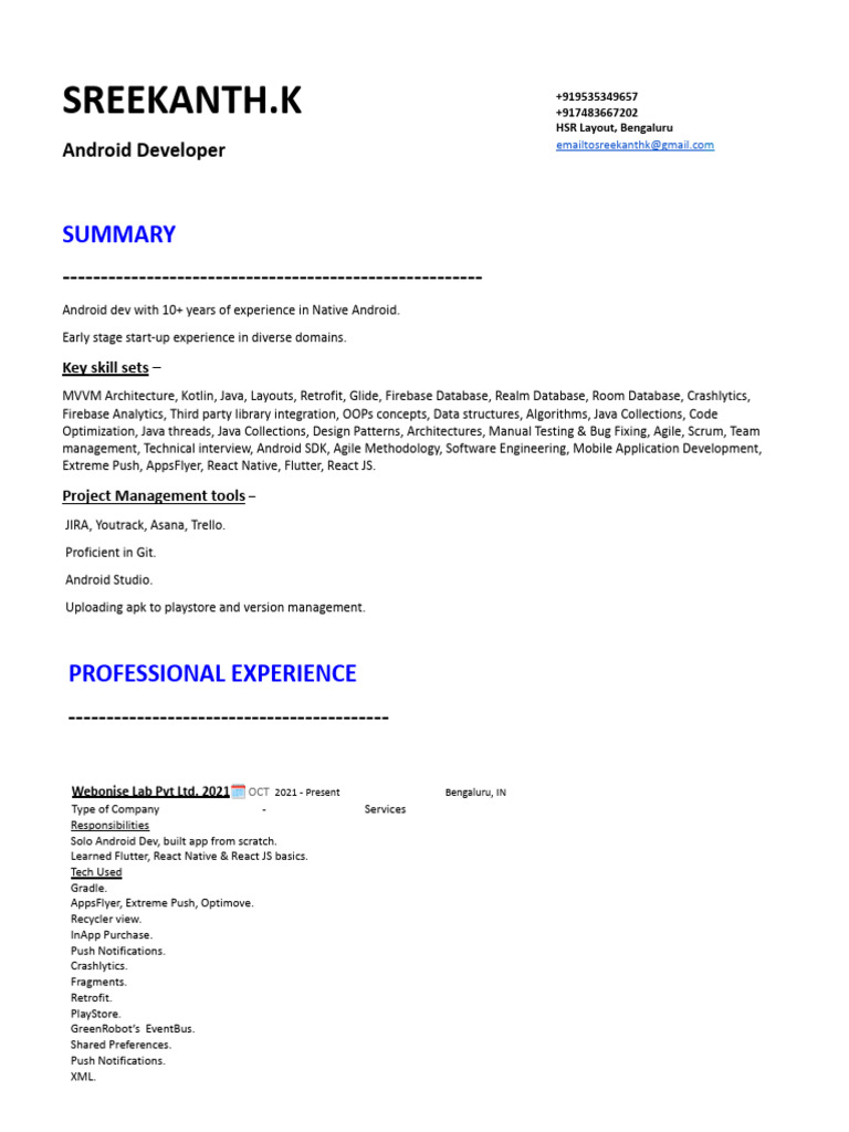 Android Developer Resume - Sreekanth K | PDF | Android (Operating System) | Java (Programming ...