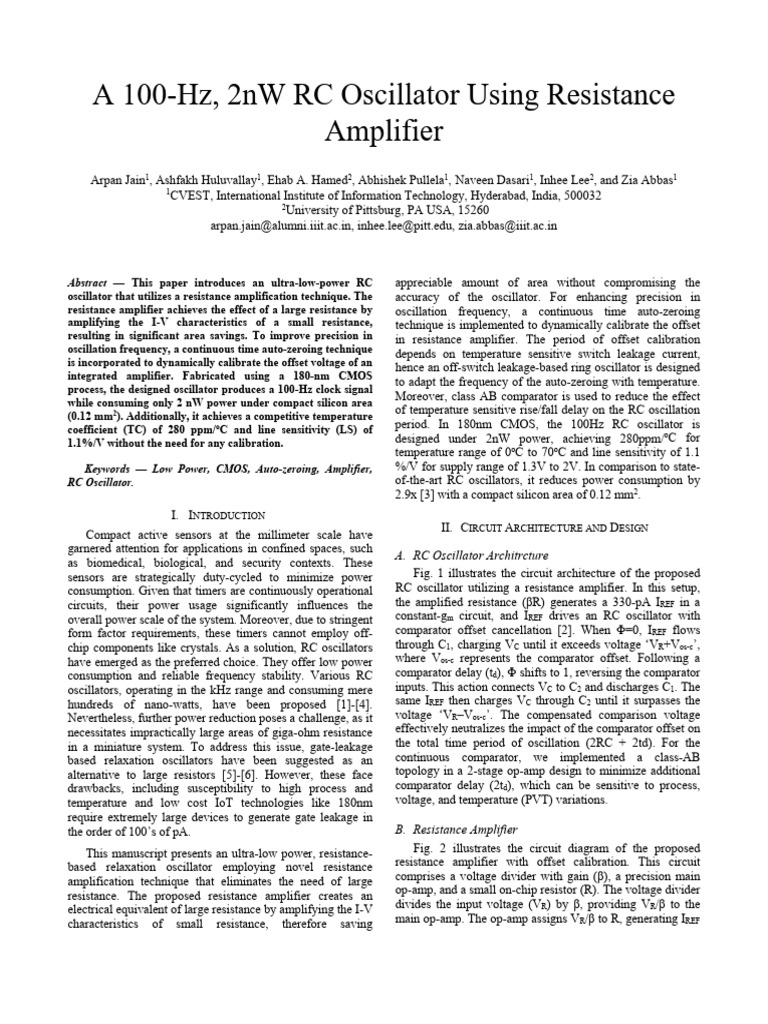 RC Osc 2nW 100Hz Esserc With Author v1 | PDF | Operational Amplifier | Electronic Oscillator