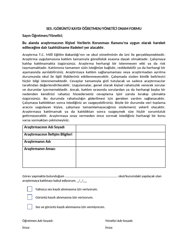 Ses Goruntu Kaydi Ogretmen Yonetici Onam Formu | PDF