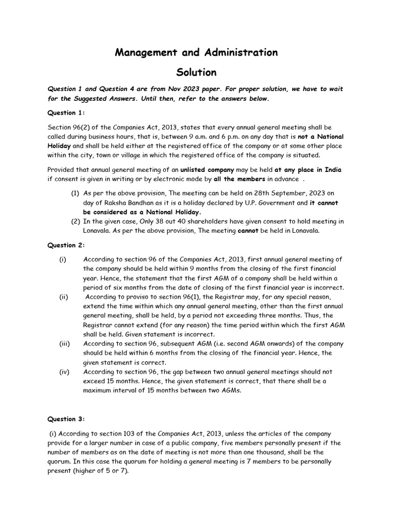 Companies Act AGM Guidelines and Solutions | PDF | Quorum | Government