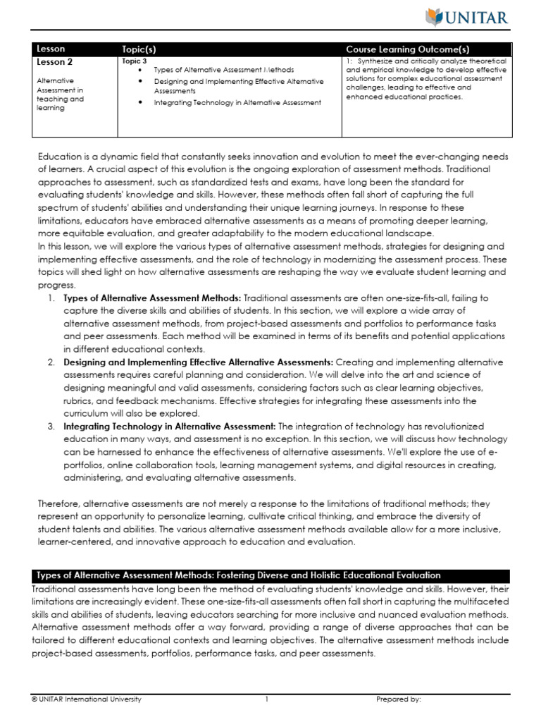 Alternative Assessment Methods in Education | PDF | Educational Assessment | Rubric (Academic)