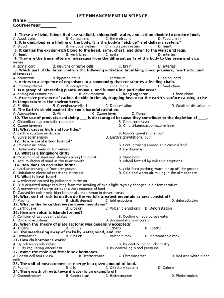 Science Enhancement Part 1 Answer Sheet | PDF | Atmosphere Of Earth ...
