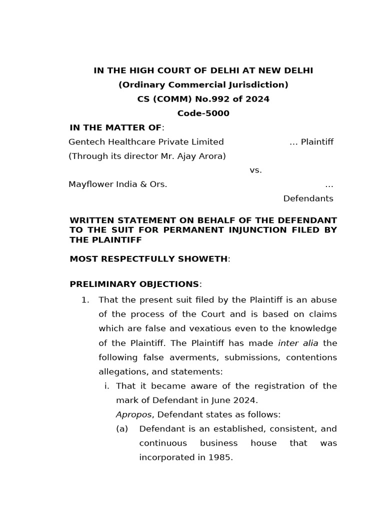 Defendant's Written Statement in CS (COMM) 992/2024 | PDF | Lawsuit ...