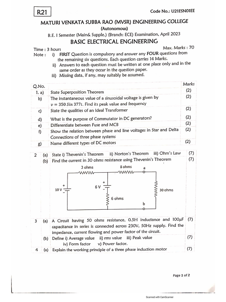 MVSREC Previous Year Question Papers BE I and II Sem | PDF