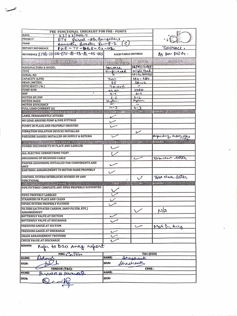 PHE Pump Pre-Functional Checklist | PDF | Pump | Gas Technologies