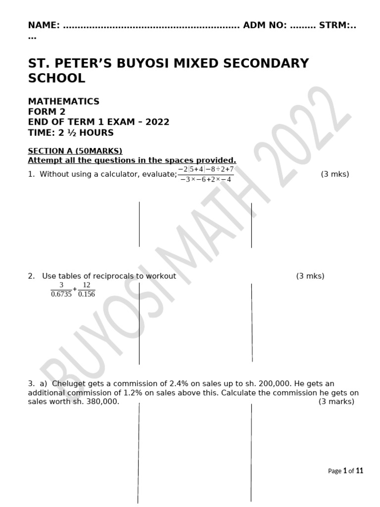 Form 2 Mathematics Exam Paper 2022 | PDF | Mathematics | Elementary ...