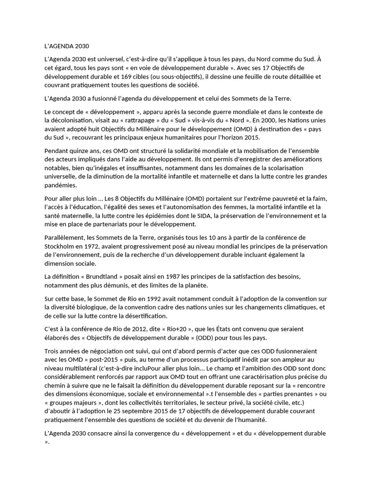 Agenda 2030 : Objectifs et enjeux globaux | PDF | Développement durable ...