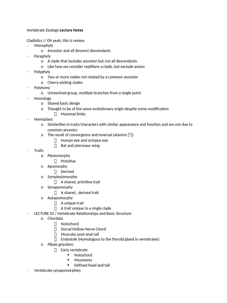 Vertebrate Zoology Lecture Notes | PDF | Vertebrates | Tissue (Biology)