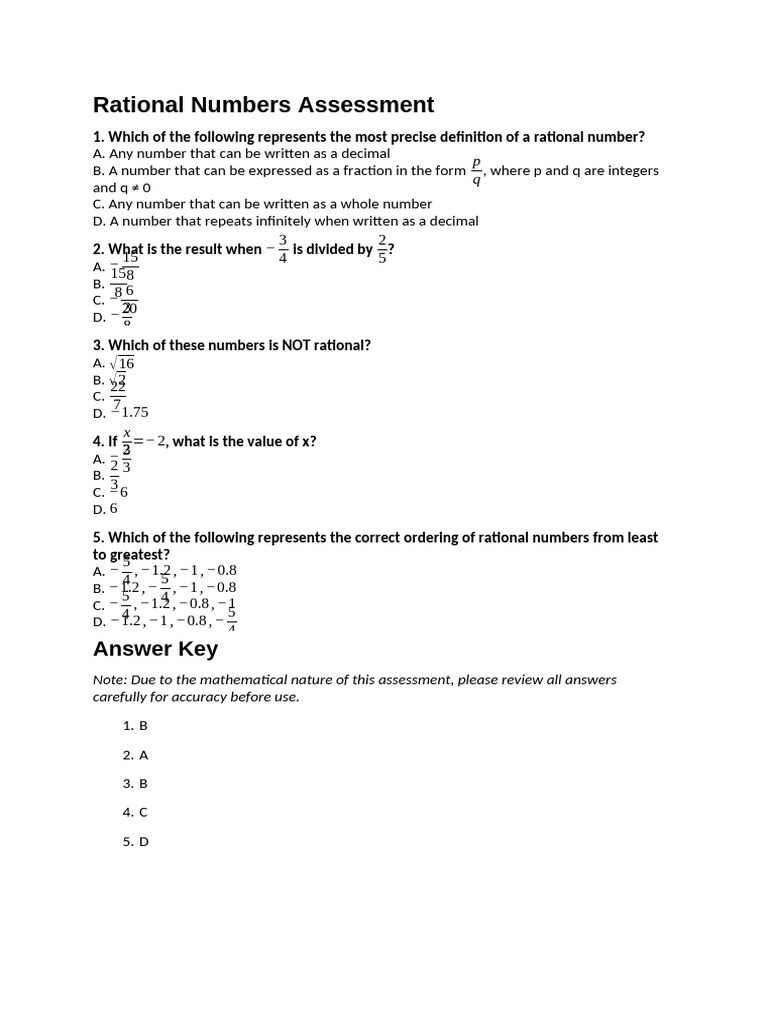 8th Grade Rational Numbers Quiz | PDF
