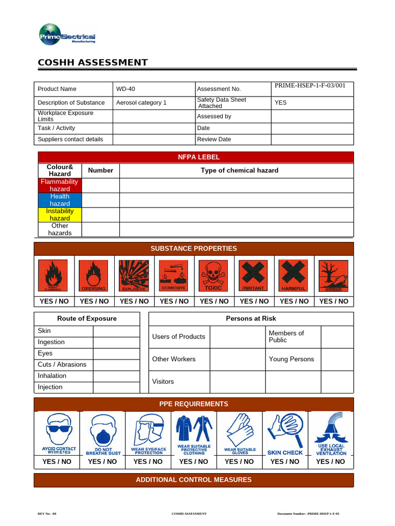 SP-HSE-F-052 COSHH Assessment | PDF | Workplace | Working Conditions