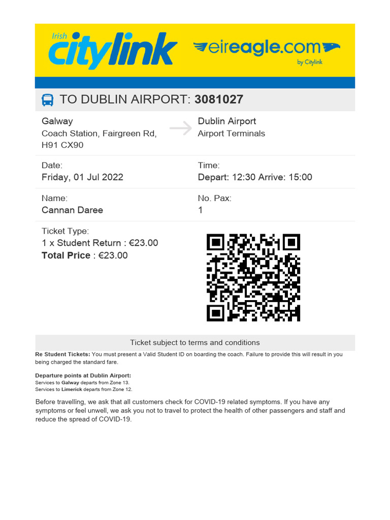 Citylink Return Galway-Dublin Airport 01 - 07 - 2022 | PDF