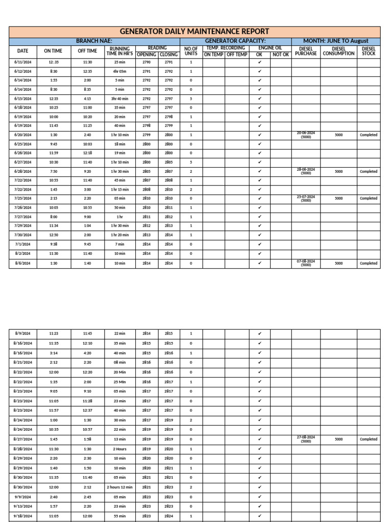 Generator Log Book Format | PDF