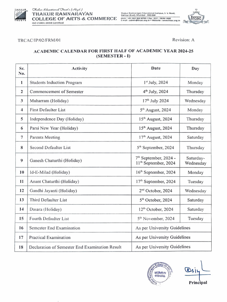Academic Calendar 2024-25 | PDF | Academic Term | Academia
