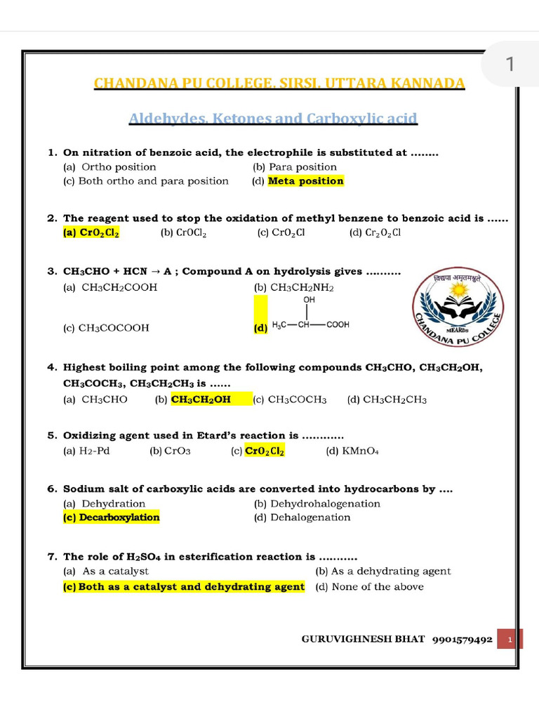 Aldehydes, Ketones and Carboxylic Acid MCQs | PDF