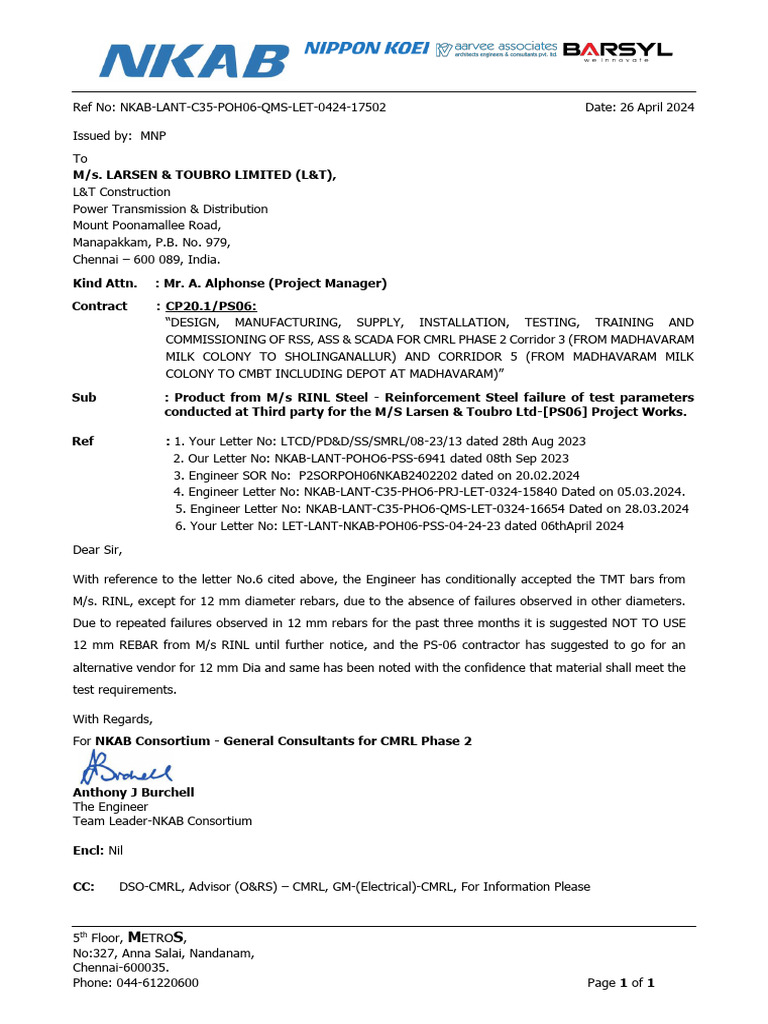 CMRL Phase-2: RINL Steel Rebar Issue | PDF | Structural Engineering ...