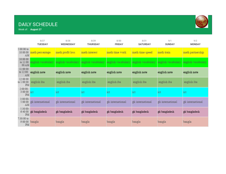 Schedule - Daily Schedule-8 | PDF