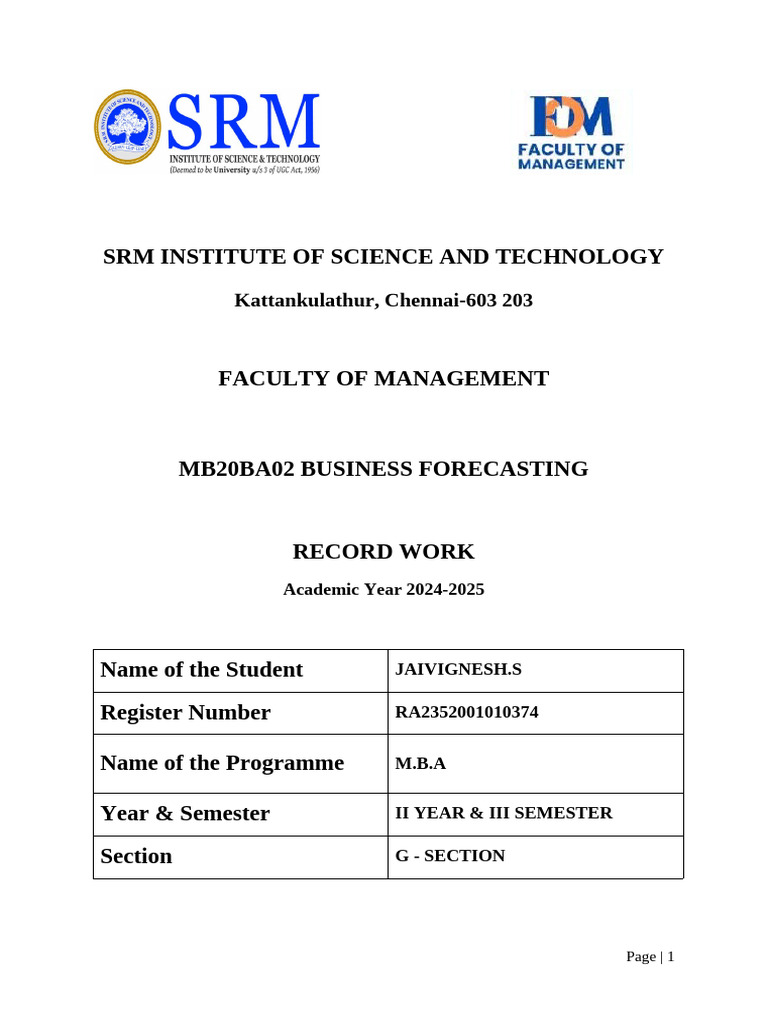 Business Forecasting Lab Manual - 374 | PDF | Forecasting | Moving Average