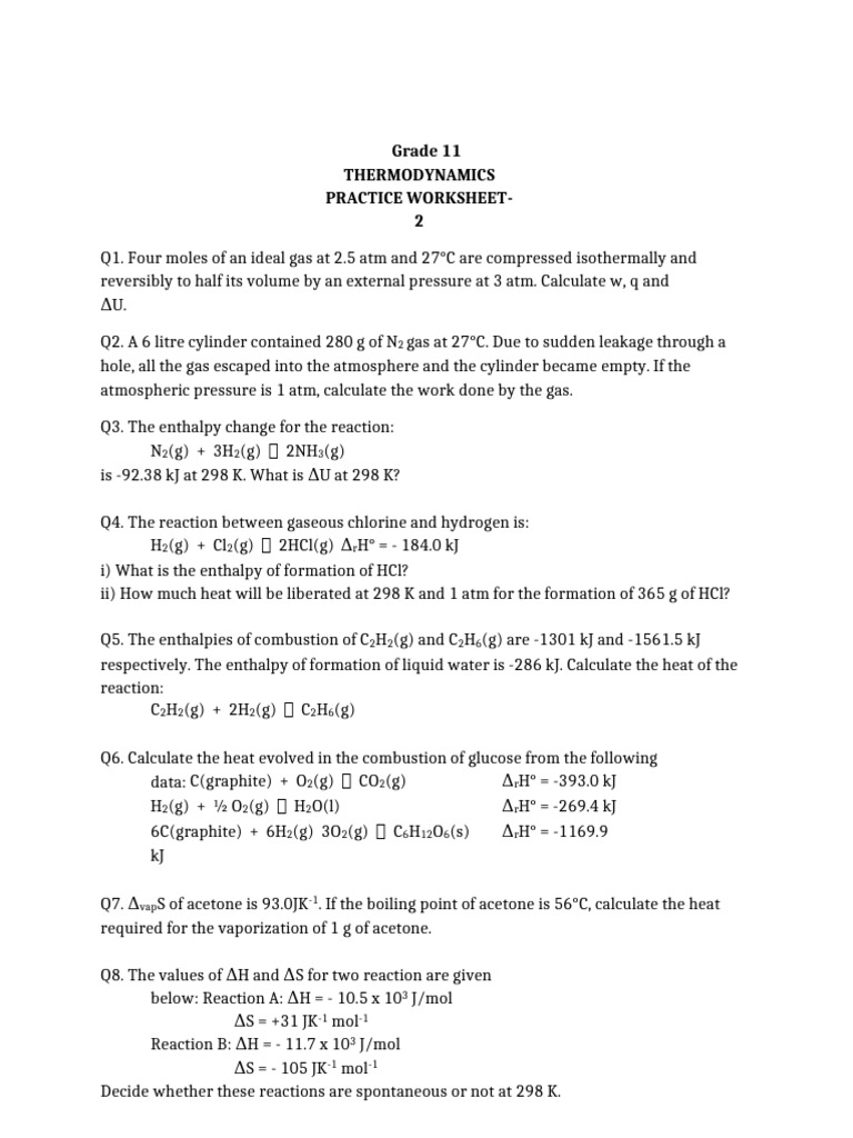 Thermodynamics - Worksheet 2 | PDF | Enthalpy | Continuum Mechanics