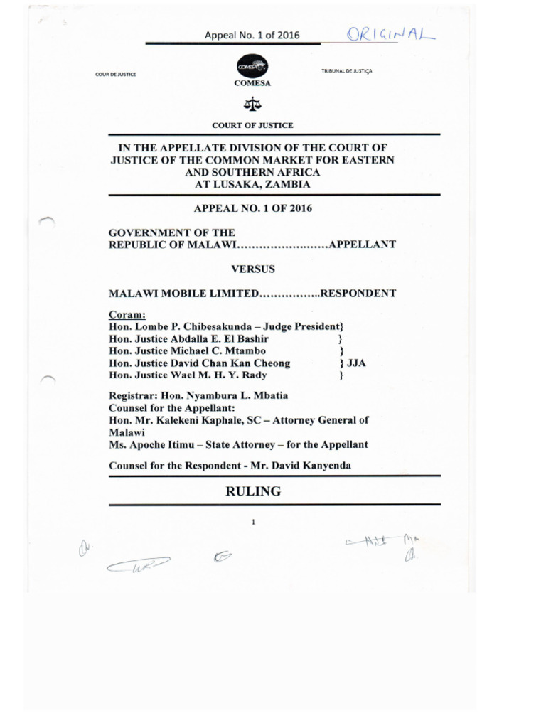 Judgement Government of The Republic of Malawi Vs Malawi Mobile Limited Appeal No. 1 of 2016 | PDF