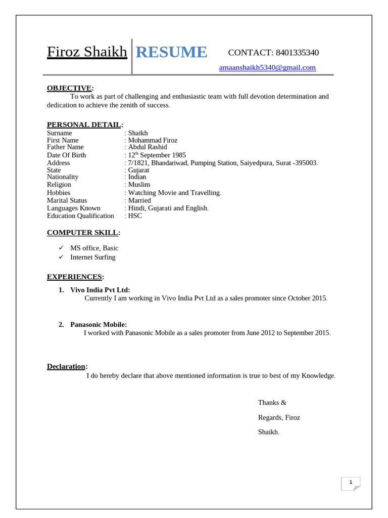 Sales Promoter Resume - Firoz Shaikh | PDF