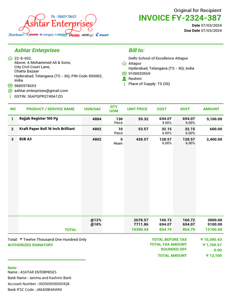 Invoice FY-2324-387 for Ashtar Enterprises | PDF | Sales | Government ...