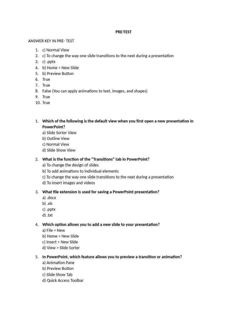 PowerPoint Pre-Test and Answer Key | PDF | Microsoft Power Point ...