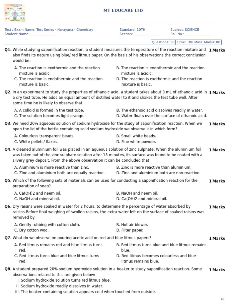 10th Grade Chemistry Test Series | PDF | Chemical Reactions | Ion