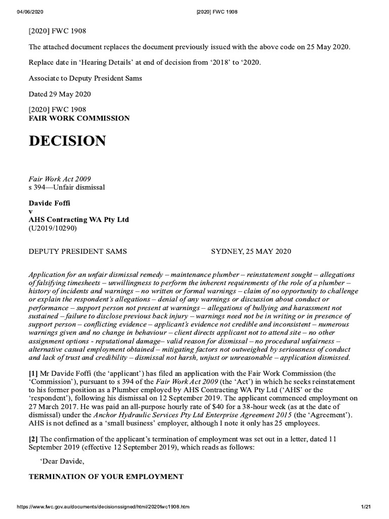 Davide Foffi V AHS Contracting WA Pty LTD (2020) FWC 1908 | PDF