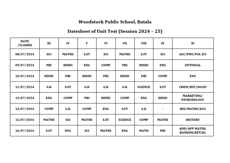 Woodstock School Unit Test Datesheet 2024 | PDF