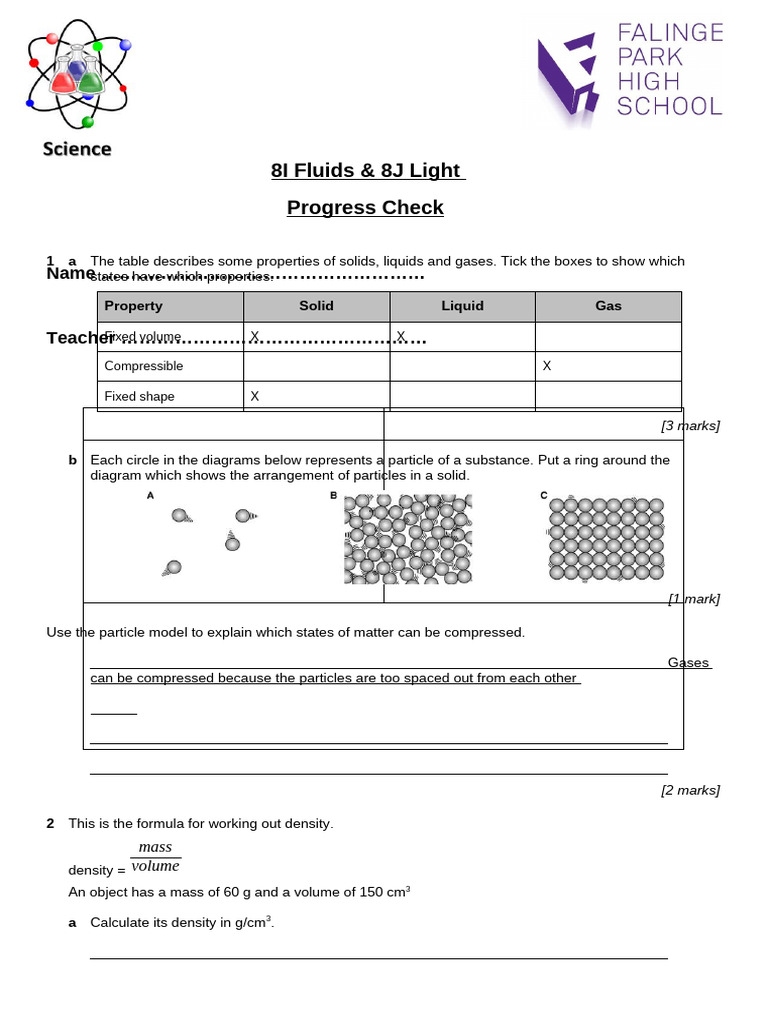 8I Fluids 8J Light End of Topic Test 1 | PDF | Gases | Density
