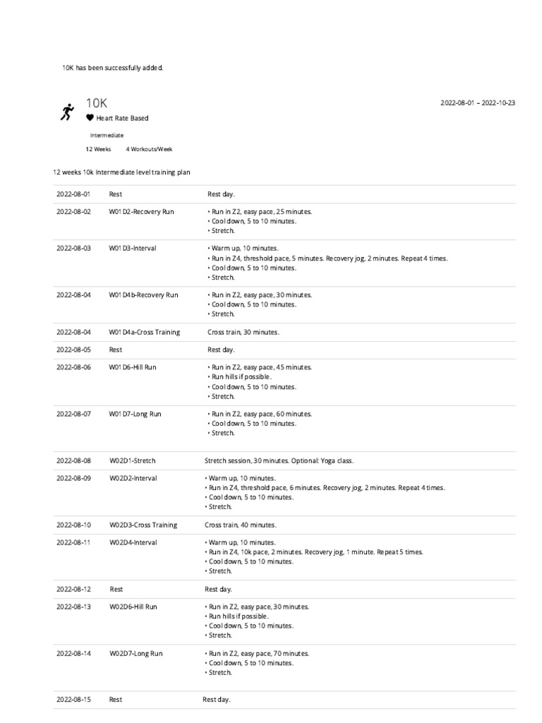 12-Week Intermediate 10K Training Plan | PDF | Athletics | Physical Fitness