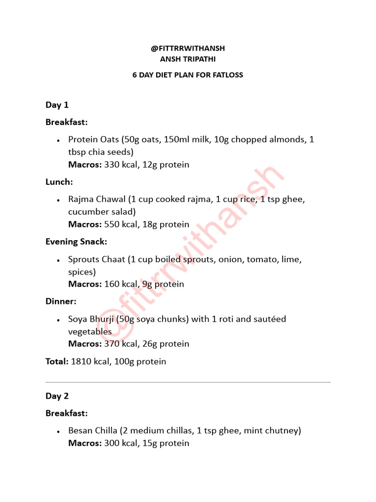6 Day Diet Plan @Fittrrwithansh | PDF | Chickpea | Lunch