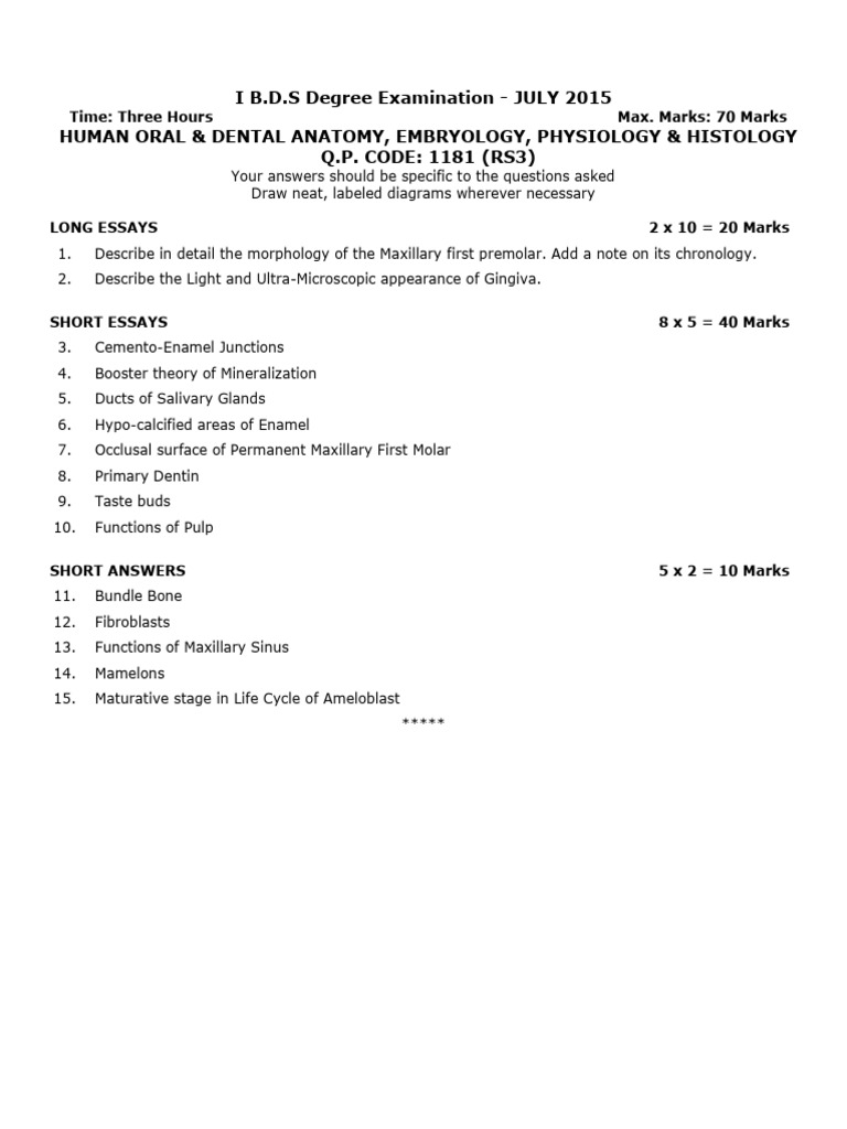 B.D.S Exam Questions on Dental Anatomy | PDF | Dental Anatomy | Human Tooth