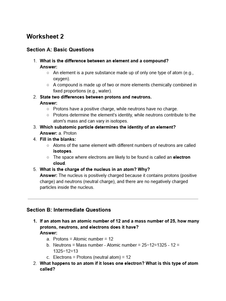 Atom Worksheet 2 and 3 - Answer Key | PDF | Atoms | Proton