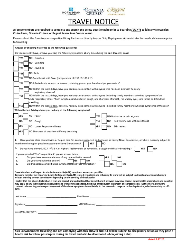 Crew Health Questionnaire for Travel | PDF | Respiratory Diseases ...