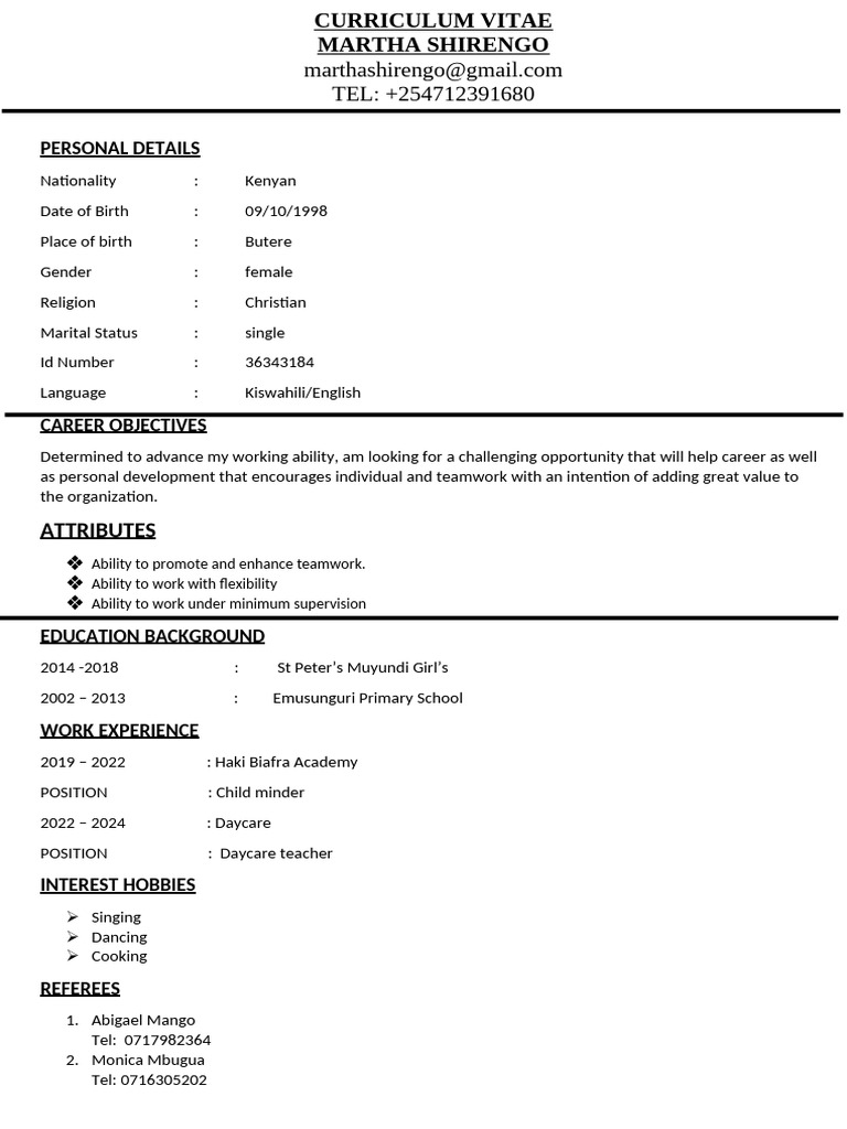 Martha Shirengo's CV and Career Goals | PDF