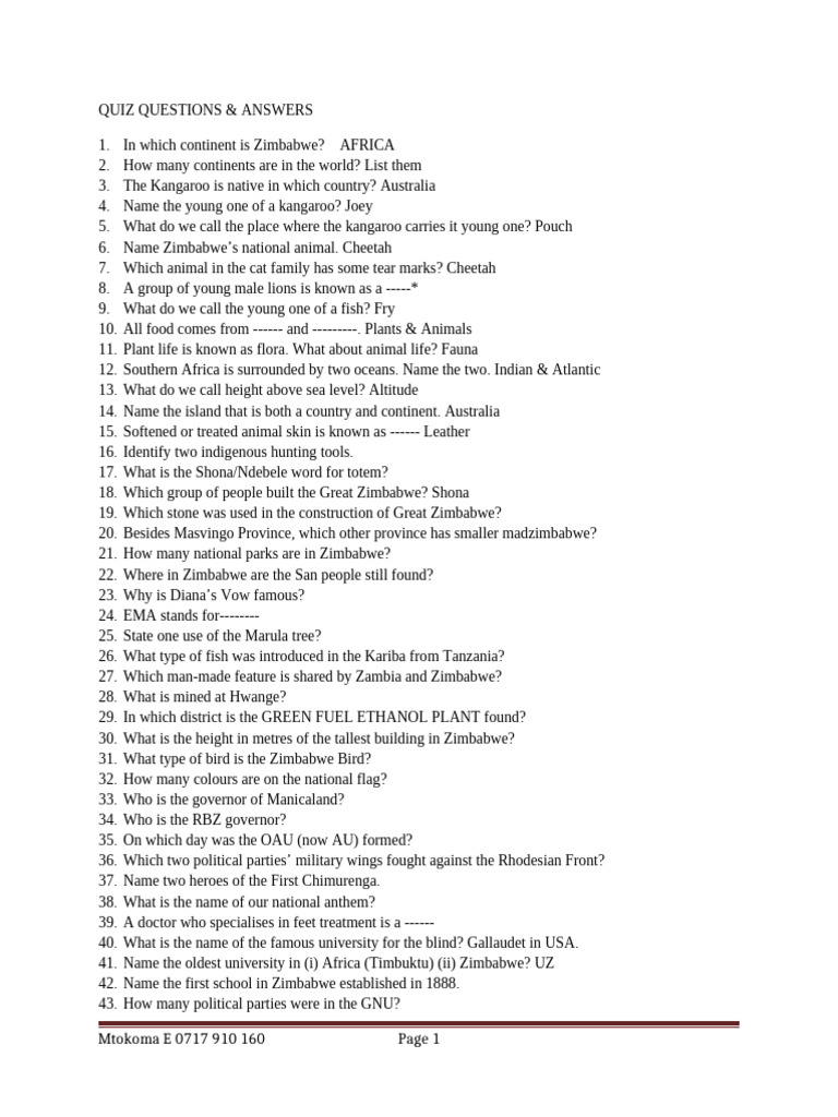 Zimbabwe Quiz Questions & Answers | PDF | Zimbabwe