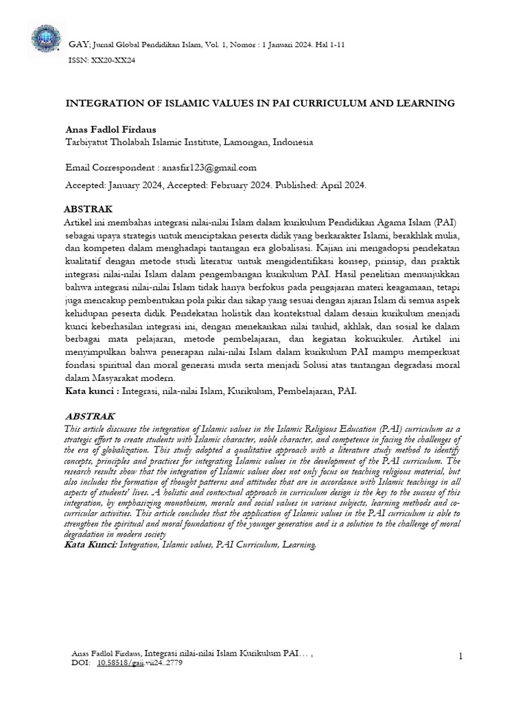 Integration of Islamic Values in Pai Curriculum and Learning | PDF | Curriculum | Tawhid