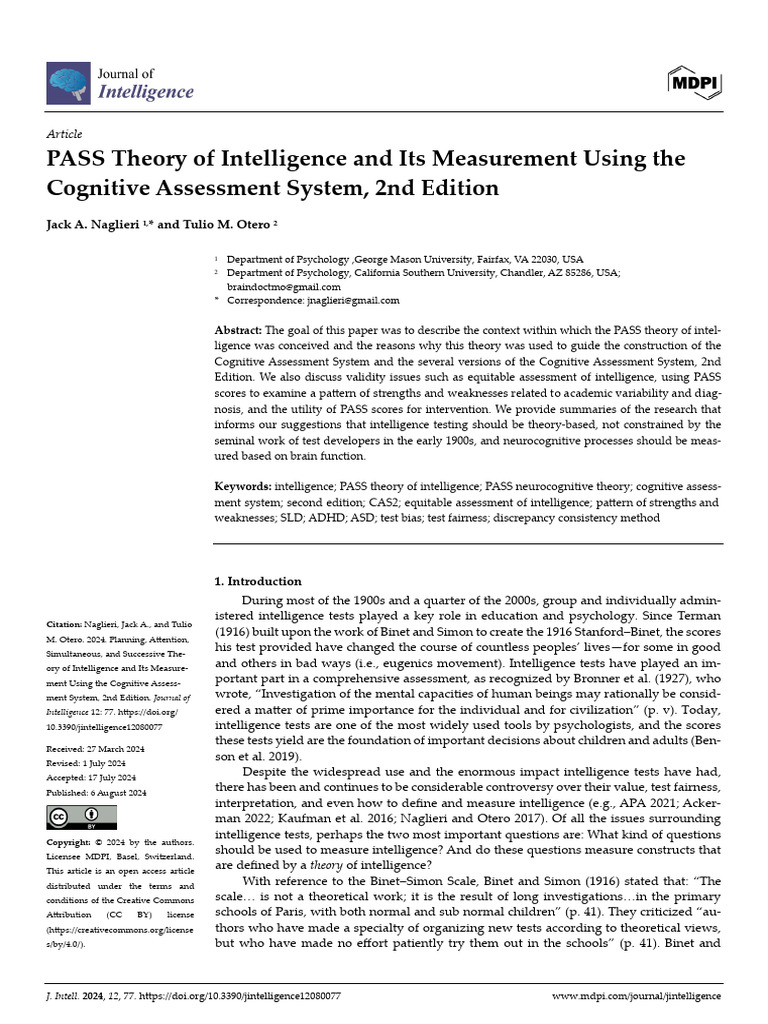 PASS Theory of Intelligence and Its Measurement Us | PDF | Attention ...
