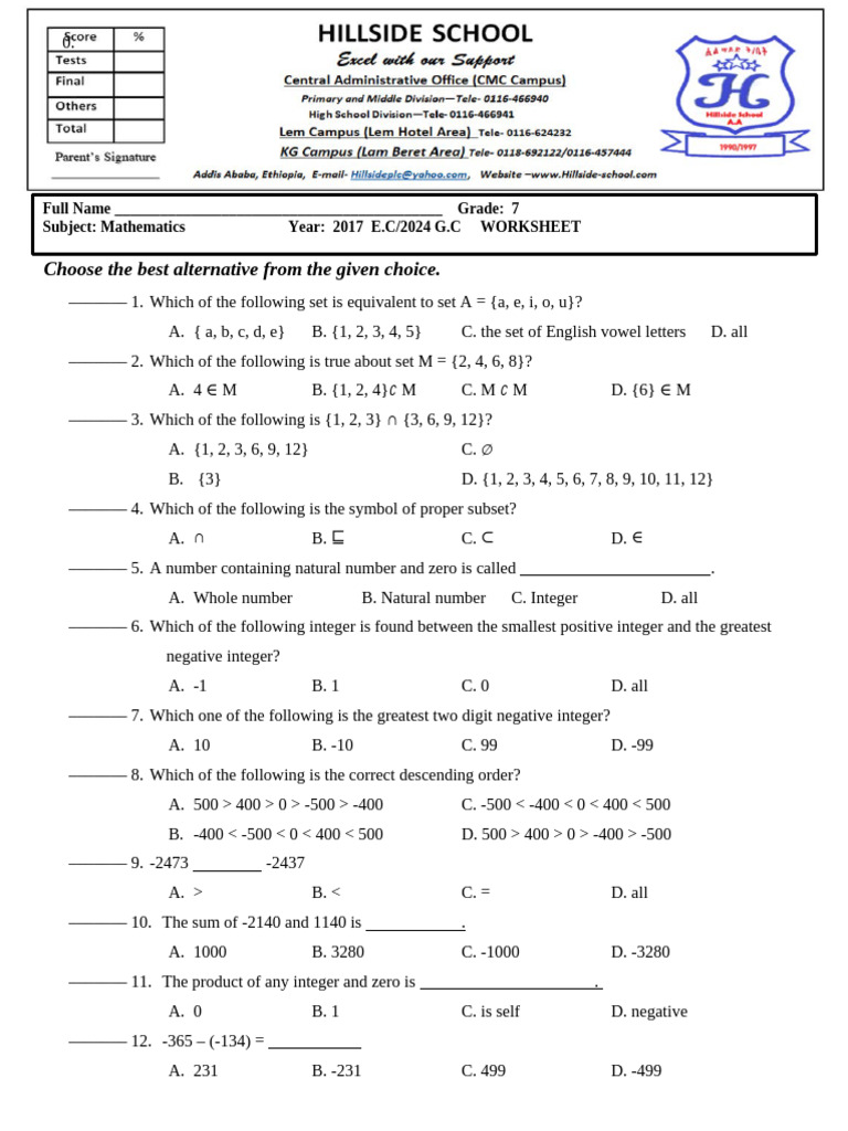 Grade 7 Math (1Q, Worksheet) | PDF | Integer | Numbers