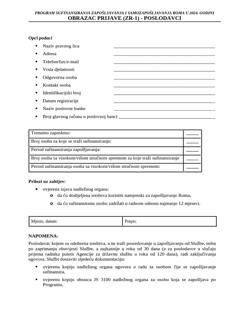Zahtjev 2024, pravna_lica i obrti - Obrazac - ZR-1 | PDF