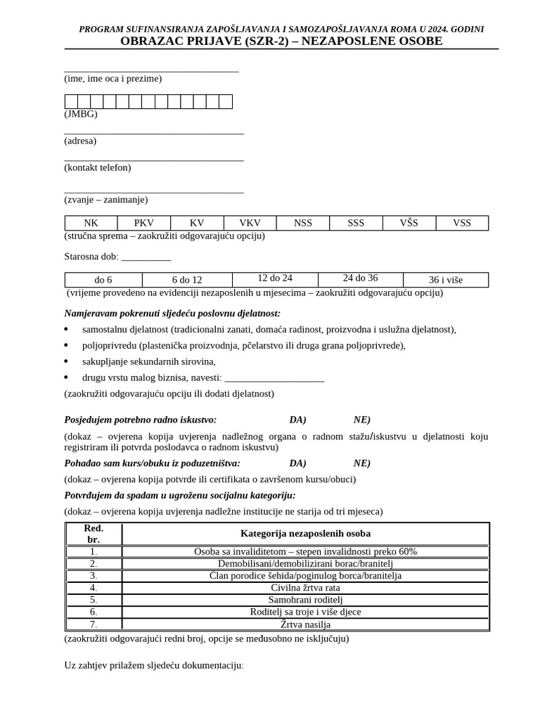 Zahtjev 2024, Fizicka - Lica-1 - Obrazac Prijave - SZR-2 | PDF