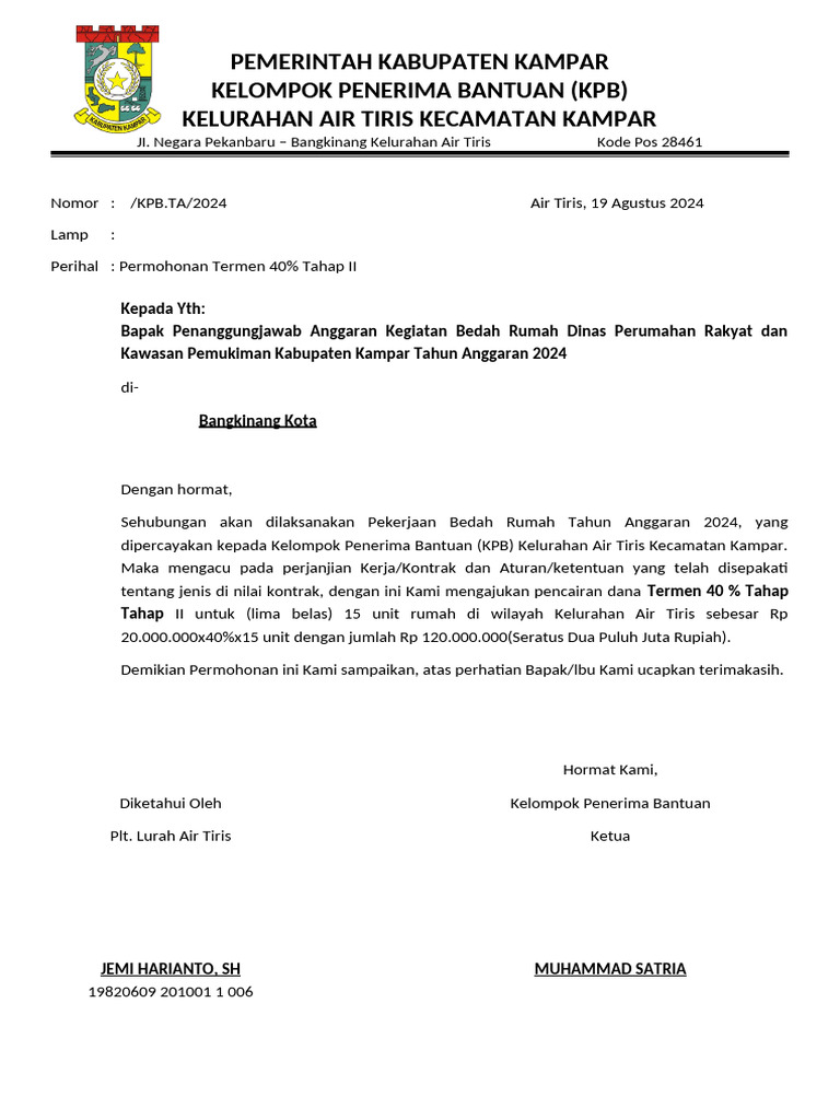 Surat Kelompok Penerima Bantuan (KPB) | PDF