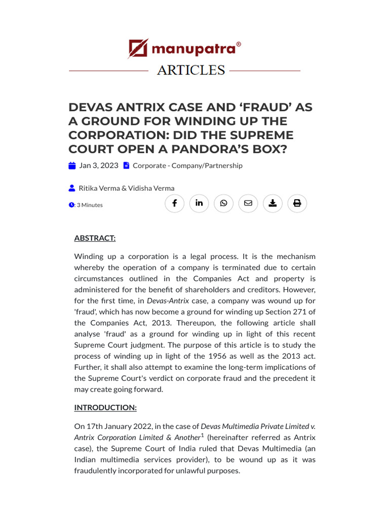 Devas Antrix Case and Fraud' As A Ground For Winding Up The Corporation - Did The Supreme Court ...