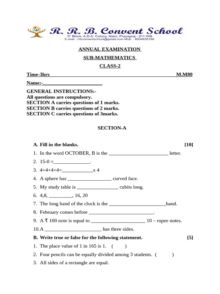 Class 2 Math Annual Exam Paper | PDF | Rupee