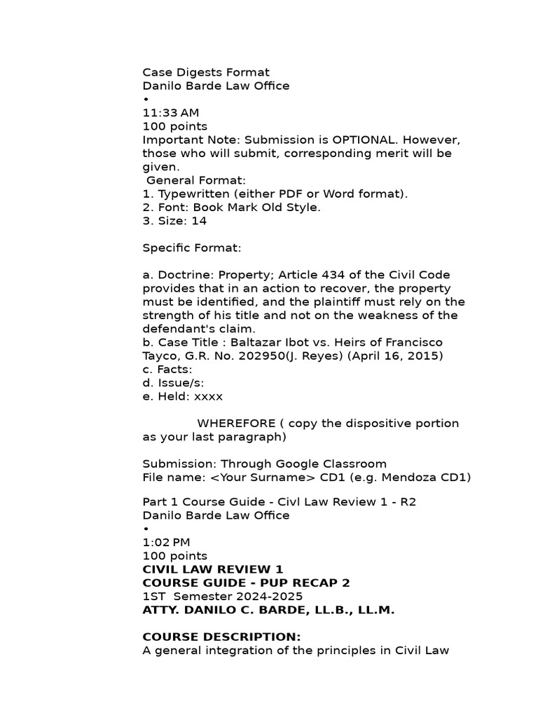 Civil Law Review Course Guide 2024-2025 | PDF | Intestacy | Private Law