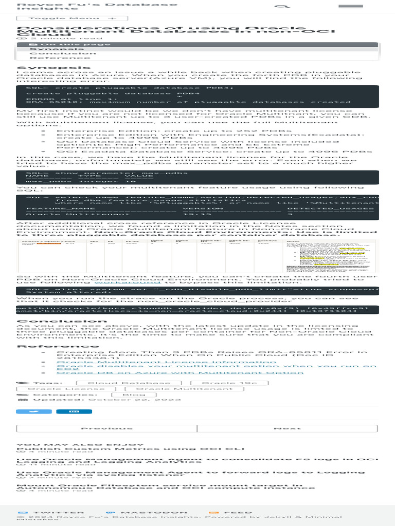 Considerations of Using Oracle Multitenant Databases in non-OCI Cloud - Royce Fu's Database ...