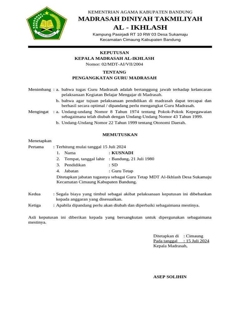 Pengangkatan Guru Tetap MDT Al-Ikhlash | PDF