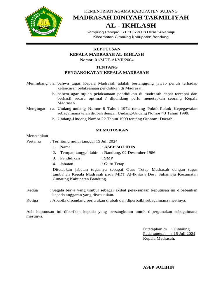 Contoh SK Kepala Madrasah | PDF